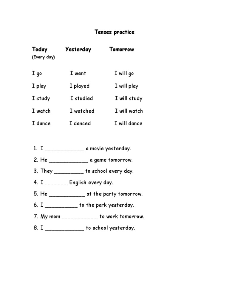 Tenses Practice Today Yesterday Tomorrow: (Every Day) | PDF