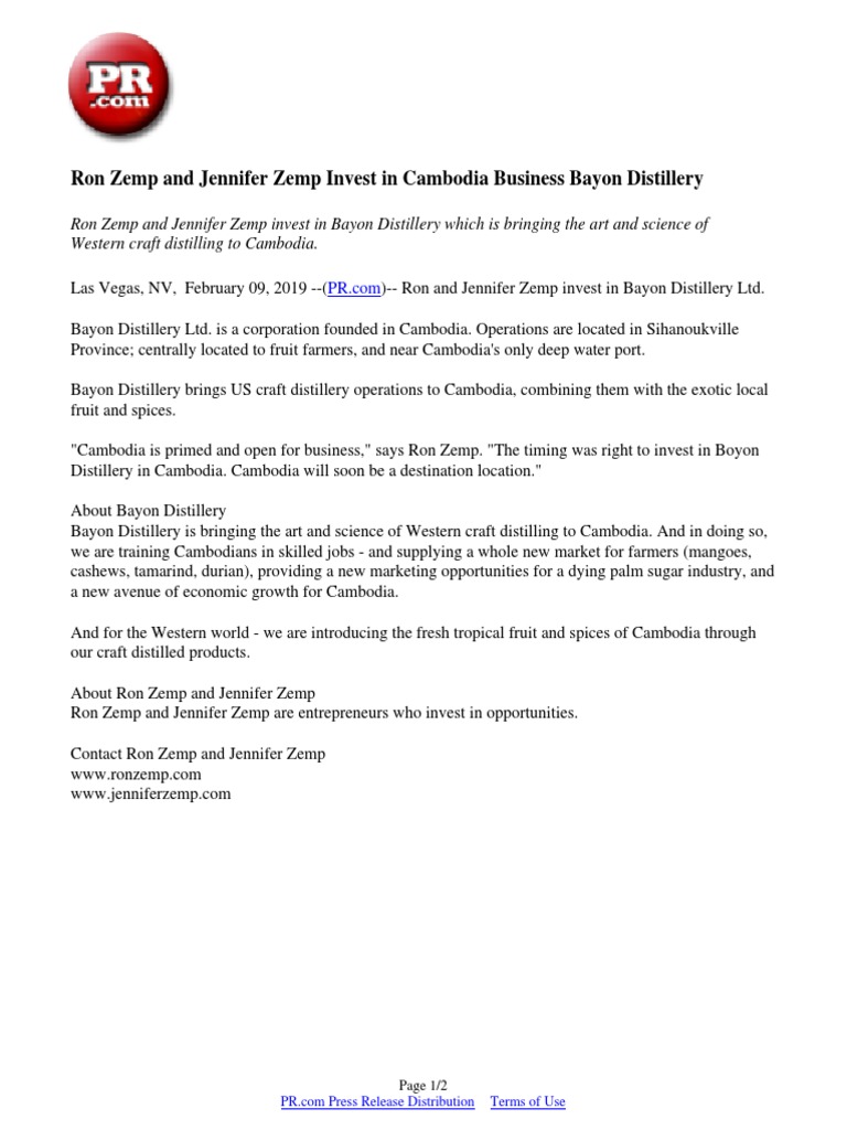 Ron Zemp and Jennifer Zemp Invest in Cambodia Business Bayon Distillery ...