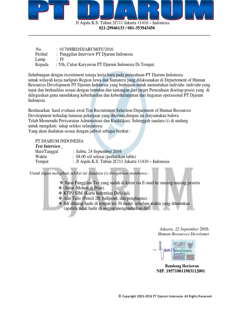 Contoh Palsu Surat Panggilan Interview PT Djarum | PDF