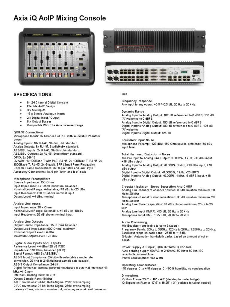 Axia Iq Aoip Mixing Console: Specifications | PDF | Microphone | Power ...