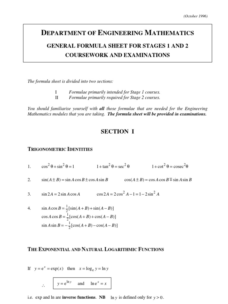 EngMaths Formulae | PDF | Sine | Exponential Function