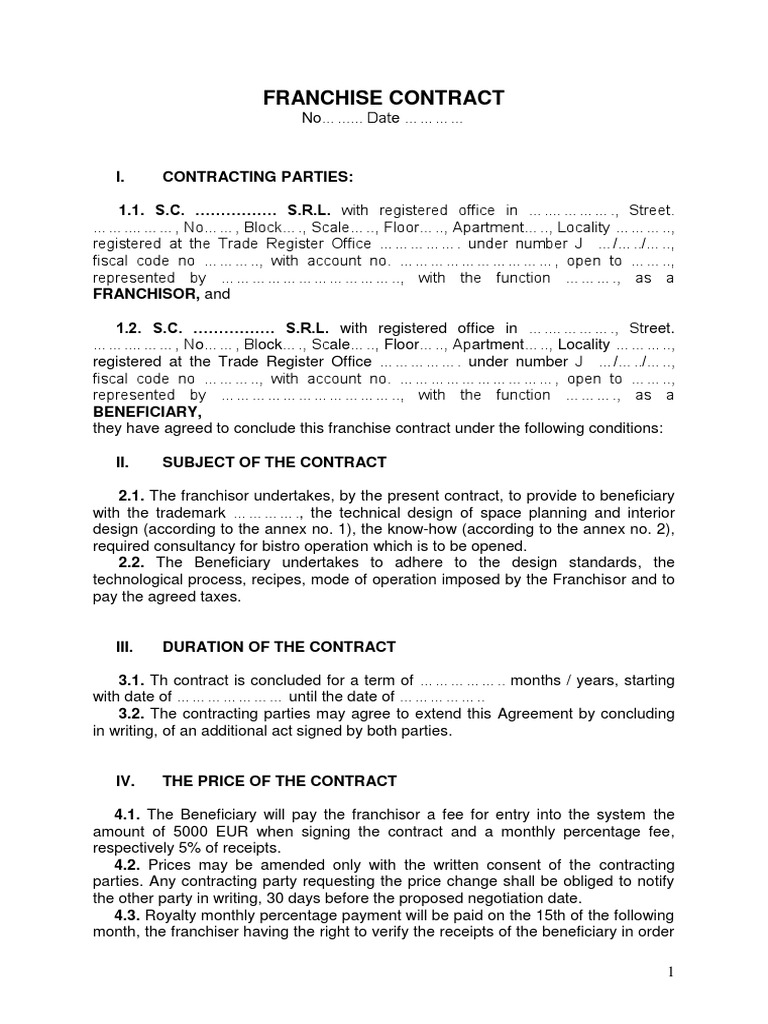 Contract Franciza Model 1 - en PDF | PDF | Franchising | Royalty Payment