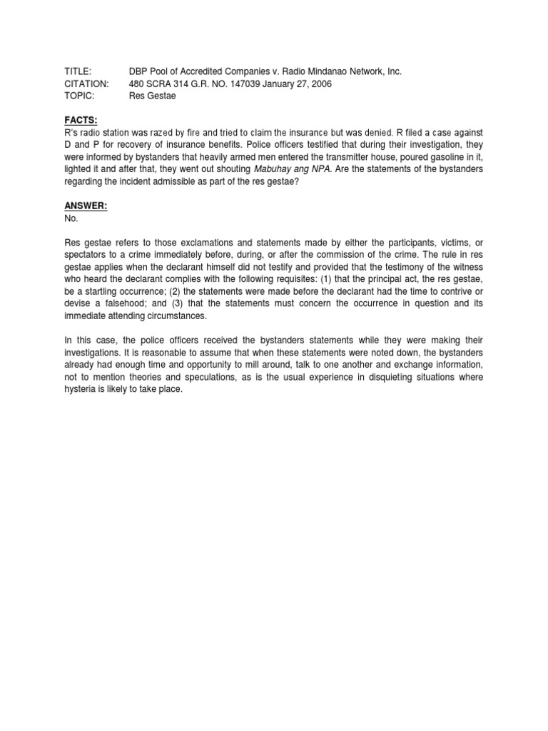 Res Gestae and Admissibility of Evidence | PDF | Testimony | Evidence