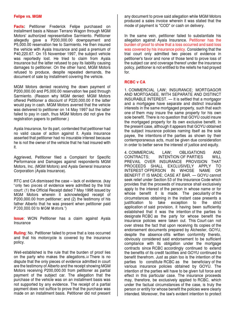 Insurance Felipe Vs MGM Great Pacific V CA | PDF | Insurance | Lease