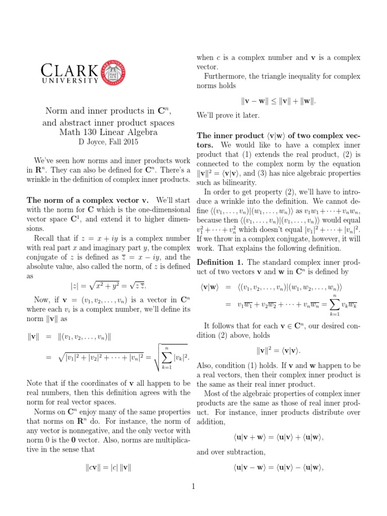 Norm and Inner Products in C, and Abstract Inner Product Spaces Math ...