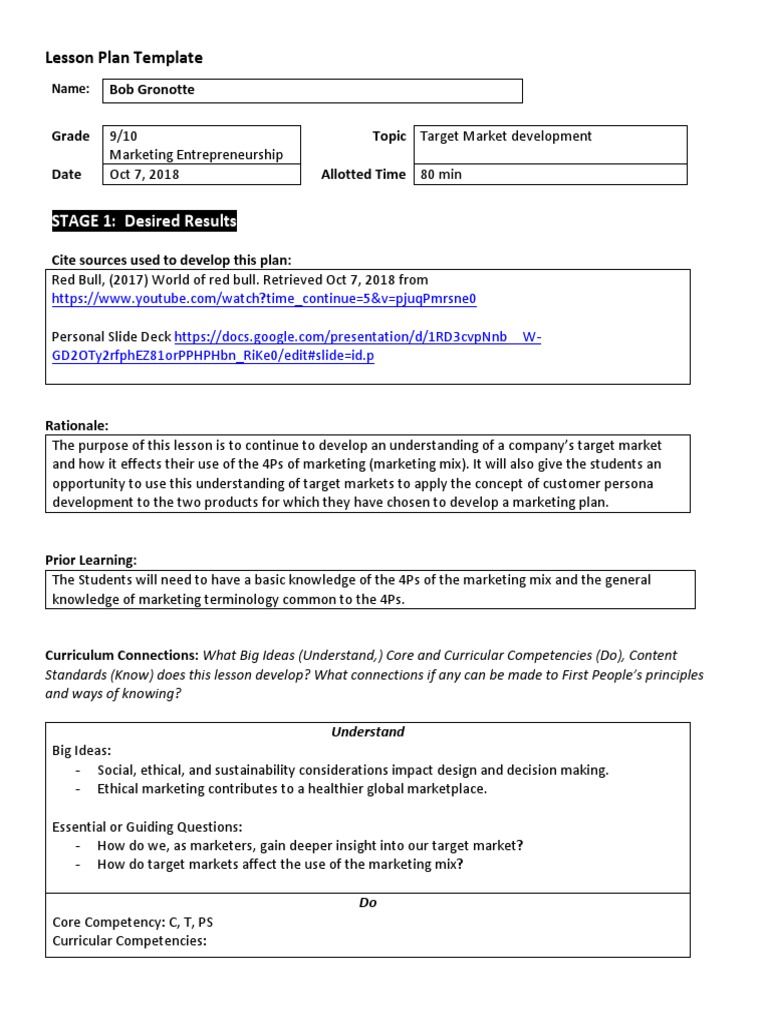 Target Market Development Lesson Plan | PDF | Marketing | Learning