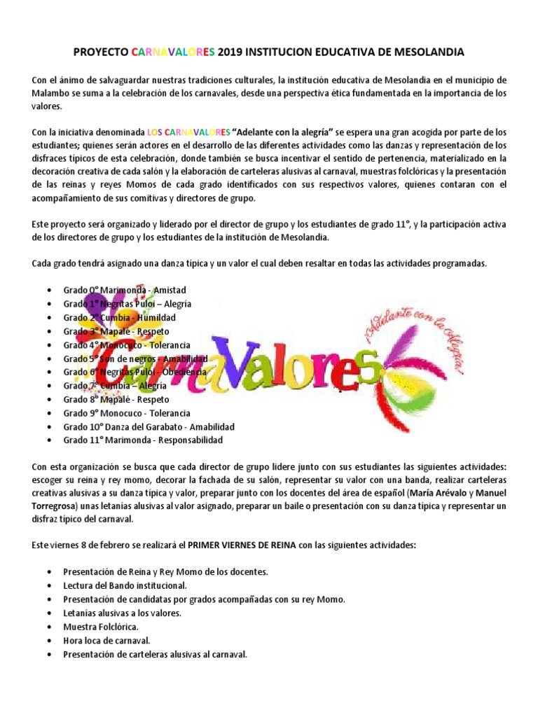 Proyecto Carnavalores 2019 Institucion Educativa de Mesolandia | PDF ...