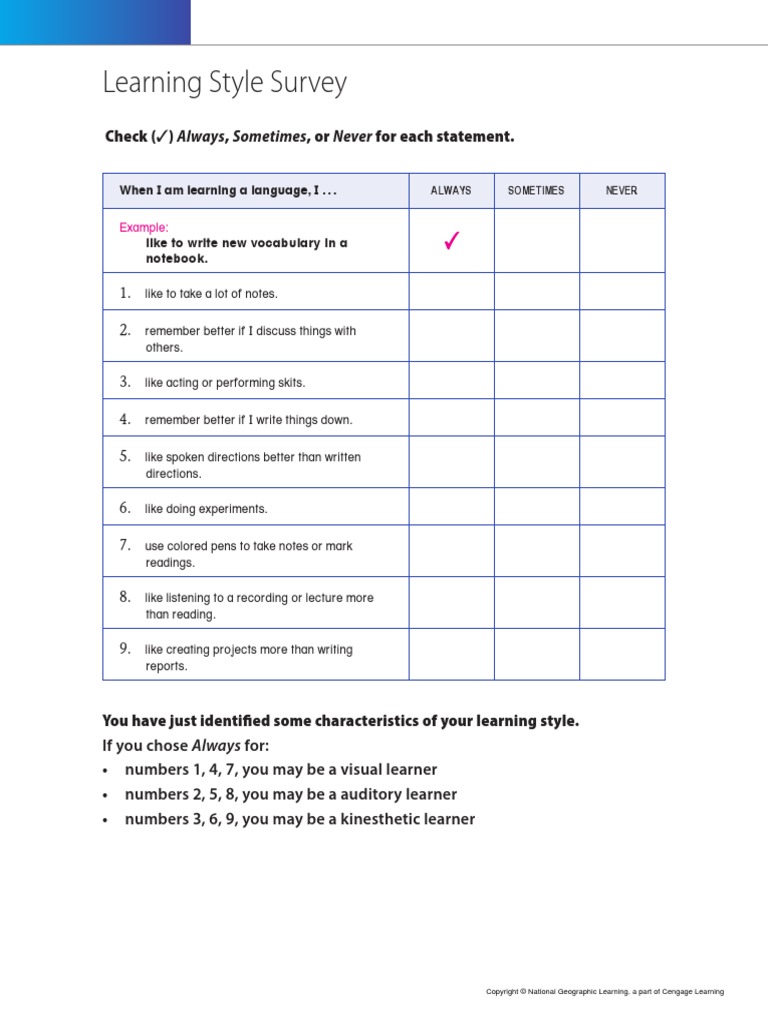 Learning Style Survey: When I Am Learning A Language, I - . | PDF