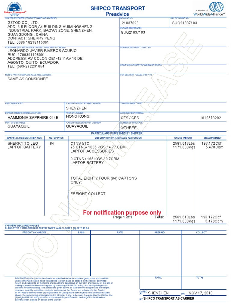 BL Saco Shipping | PDF | Cargo | Bill Of Lading