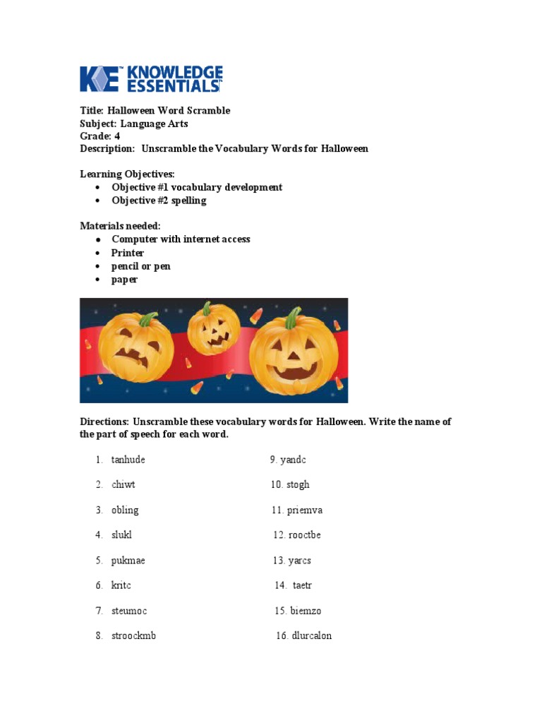 Halloween Word Scramble - Grade 4 | PDF