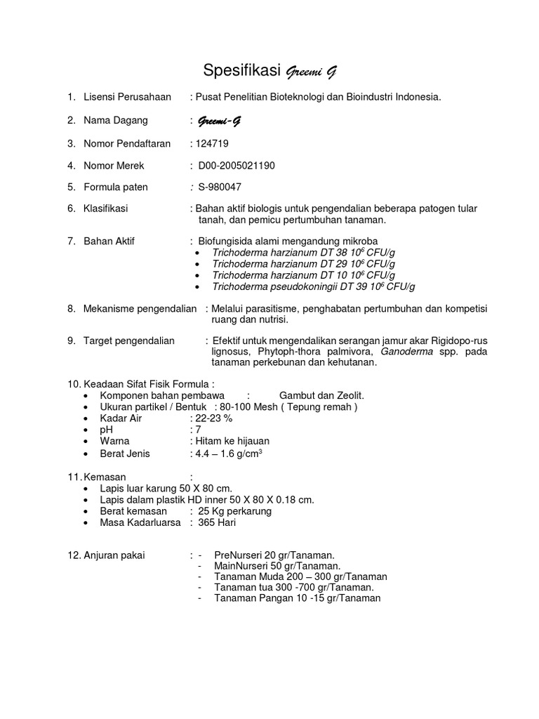Spesifikasi Pupuk Greemi-G Biofungisida | PDF | Griya & Taman | Sains ...