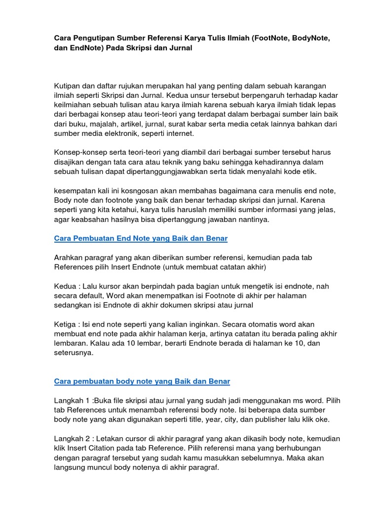 Teknik Pengutipan Karya Tulis Ilmiah (BodyNote, FootNote Dan EndNote) | PDF