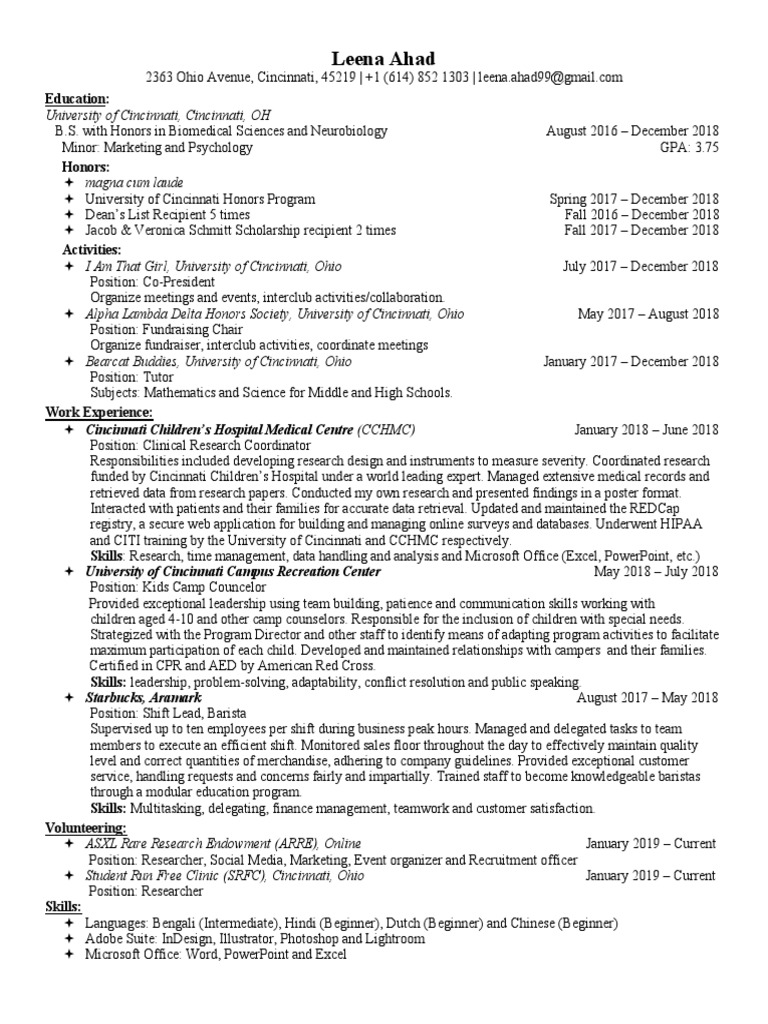 Leena Resume Post Grad | Download Free PDF | Leadership | Science