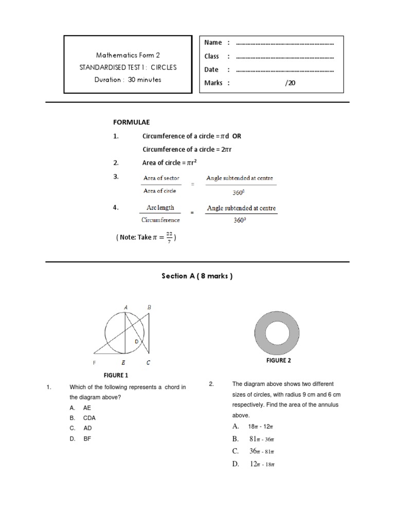 Form 2 Mathematics: Circle Exercises | PDF | Circle | Area