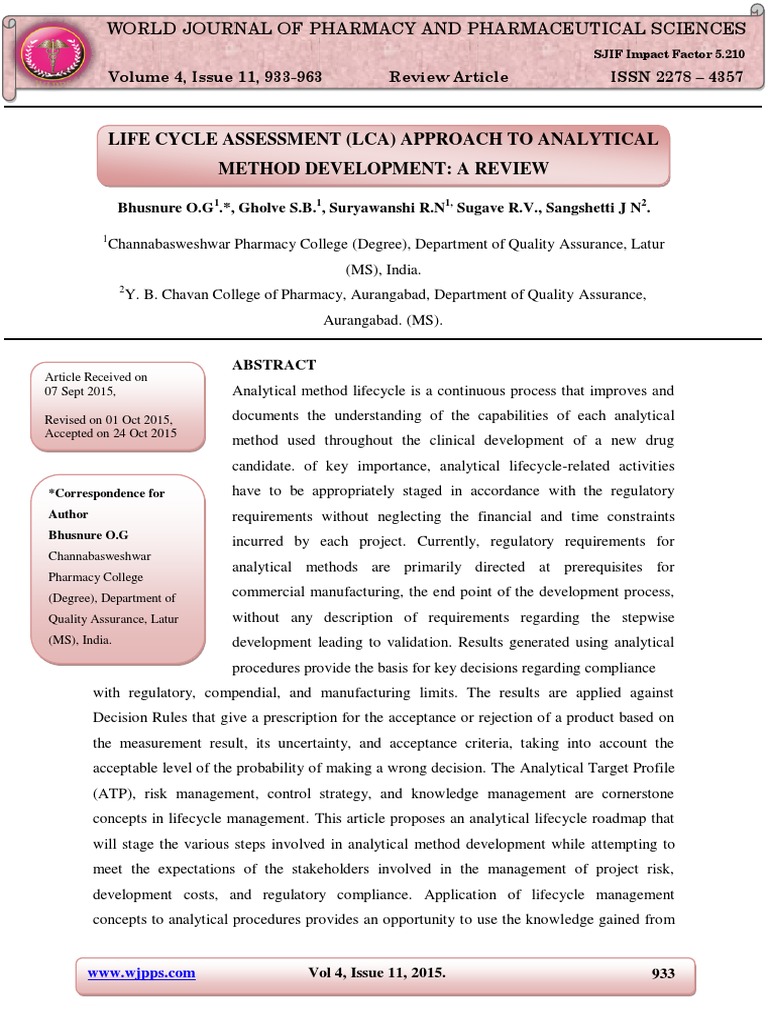 Life Cycle Assessment (Lca) Approach To Analytical Method Development ...