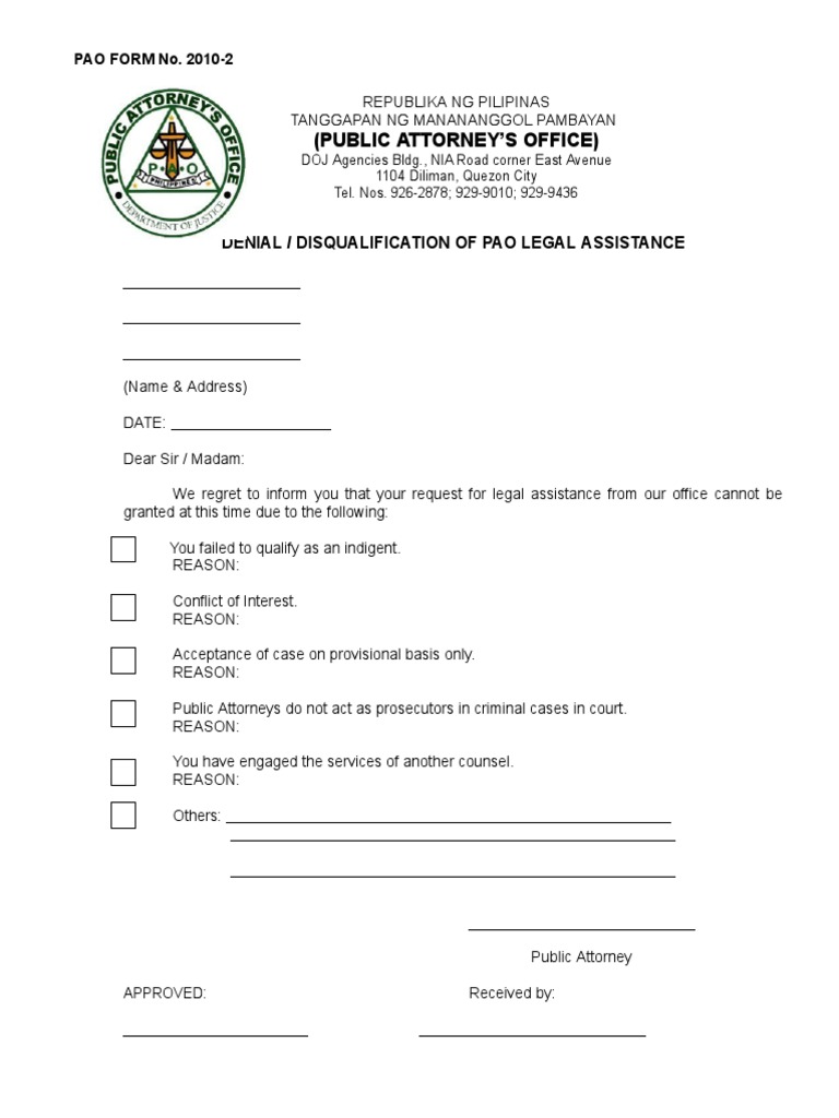(Public Attorney'S Office) : Denial / Disqualification of Pao Legal ...