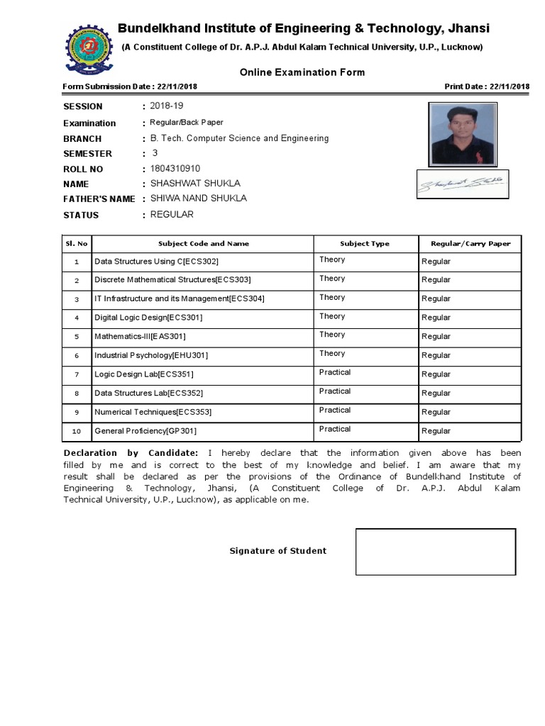 Bundelkhand Institute of Engineering & Technology, Jhansi: Online Examination Form | PDF | Art ...