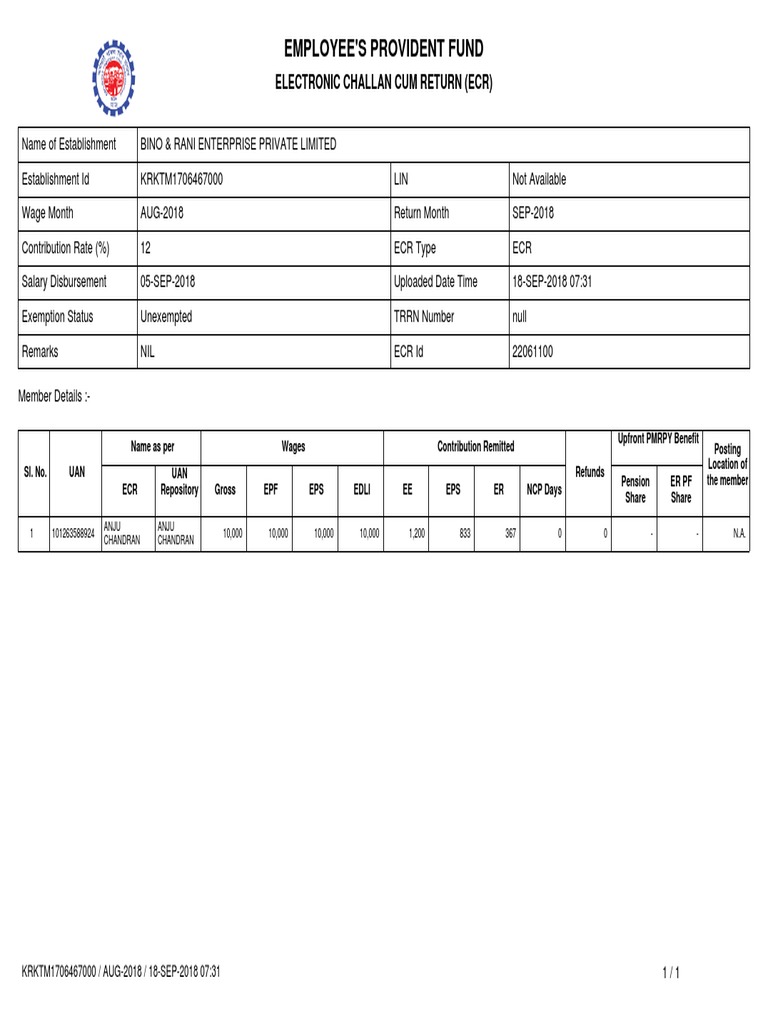 Employee'S Provident Fund: Electronic Challan Cum Return (Ecr) | PDF ...