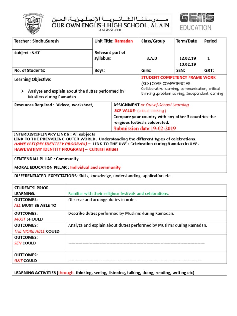 Lesson Plan Uae Ramadan | PDF | Ramadan | Critical Thinking
