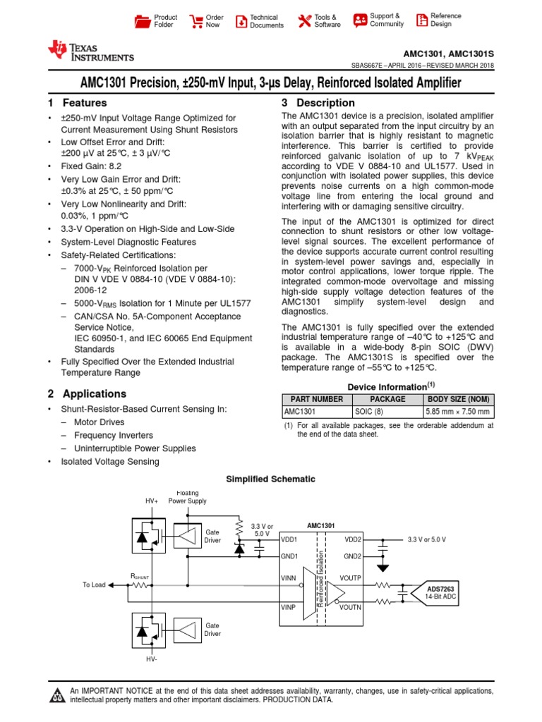 AMC1301 Precision, 250-mV Input, 3 - S Delay, Reinforced Isolated ...