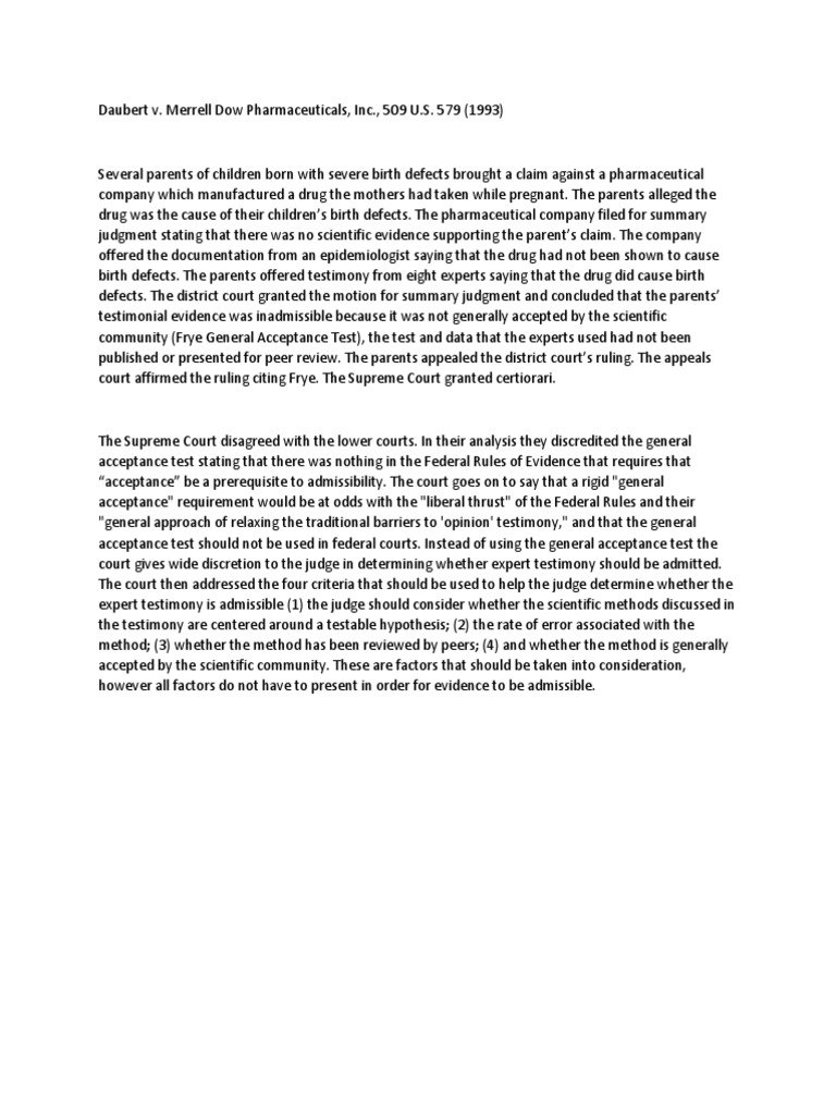 Daubert Vs Merrell Dow Pharmaceuticals, Inc. | PDF