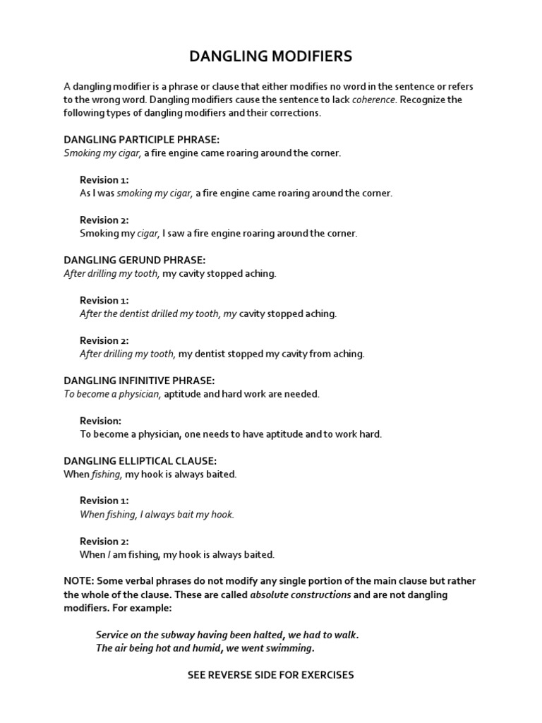 Dangling Modifiers PDF | PDF | Syntax | Linguistic Morphology