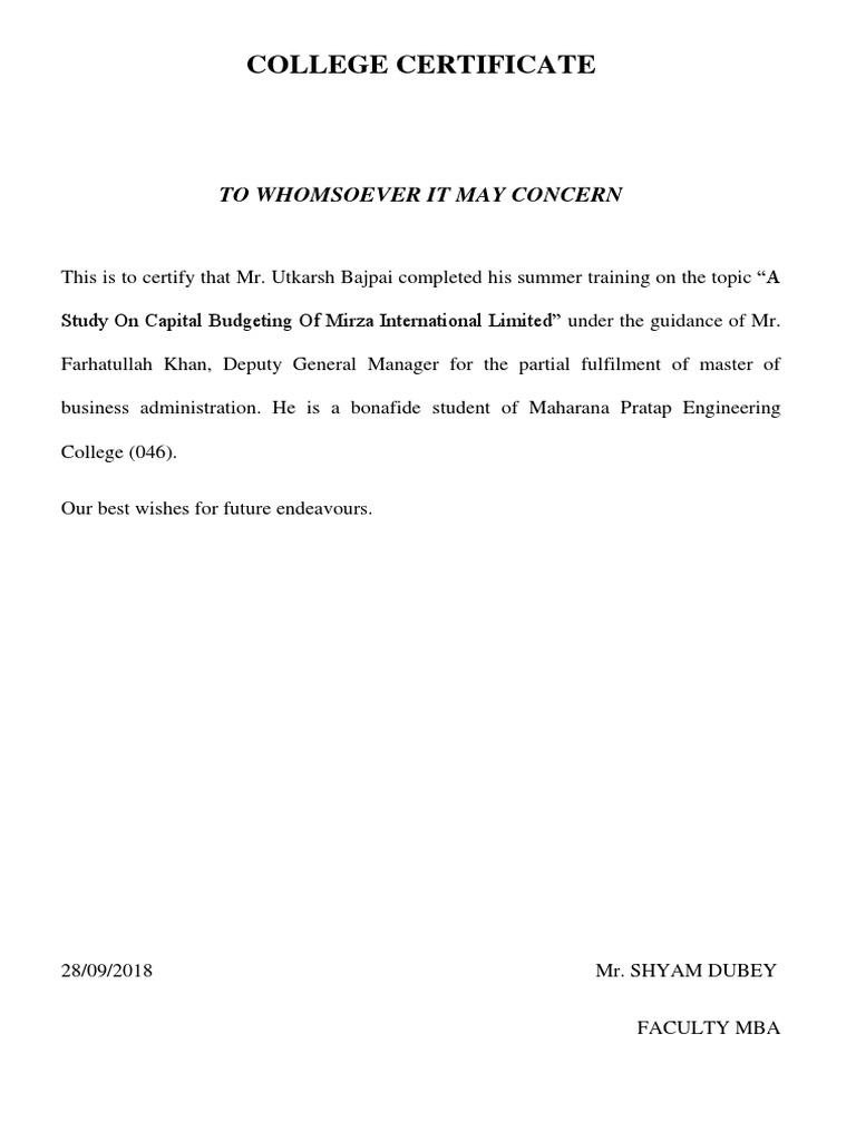 College Certificate: To Whomsoever It May Concern | PDF