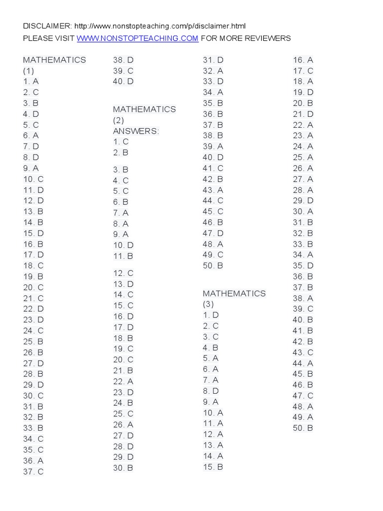 LET Reviewer Mathematics Answer Keys | PDF