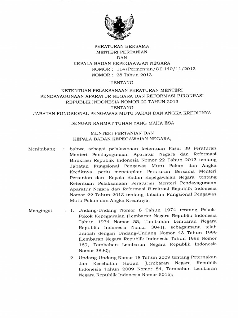 Peraturan Bersama Menteri Pertanian Dan Kepala BKN Tentang Ketentuan Pelaksanaan Jabatan ...