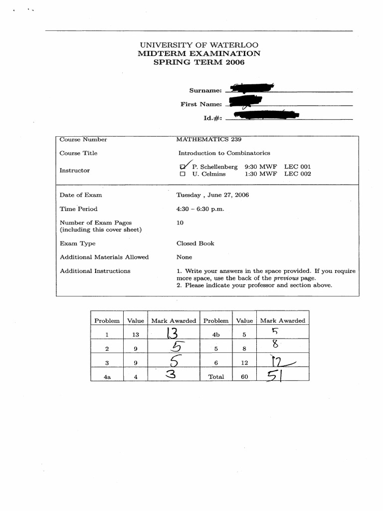MATH 239 1065 Midterm Exam | PDF