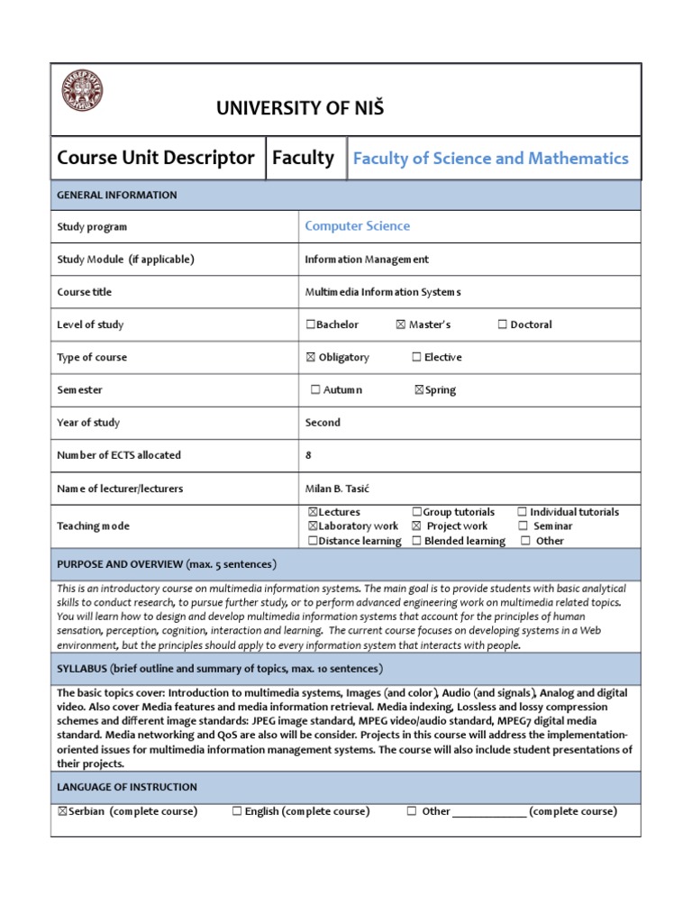 University of Niš Course Unit Descriptor Faculty | PDF | Multimedia ...