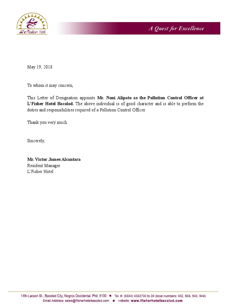 Letter of Designation Appointing Mr. Noni Alipato as Pollution Control ...