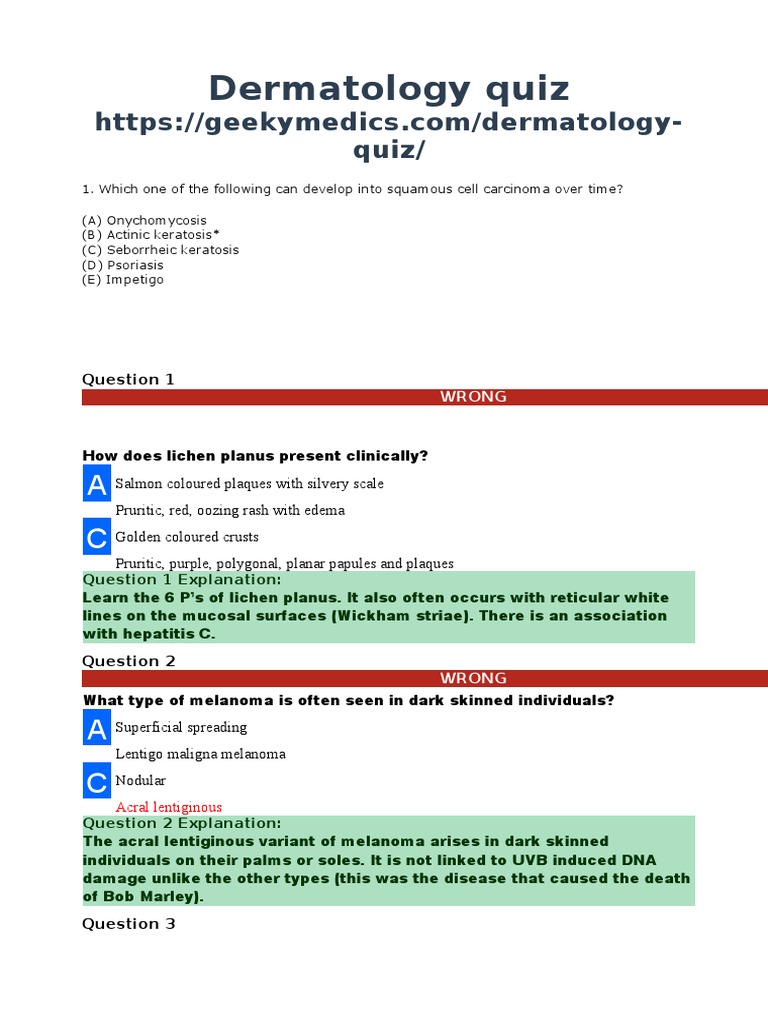 Dermatology Quiz | PDF | Melanoma | Epidermis