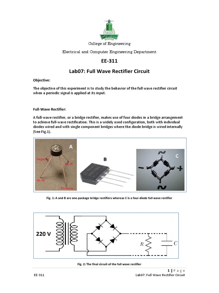 Full Wave Rectifier Circuit Lab Manual | PDF | Rectifier | Electrical Network
