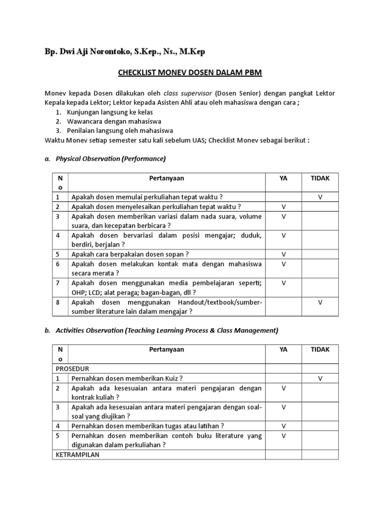 Checklist Monev Dosen dalam PBM | PDF