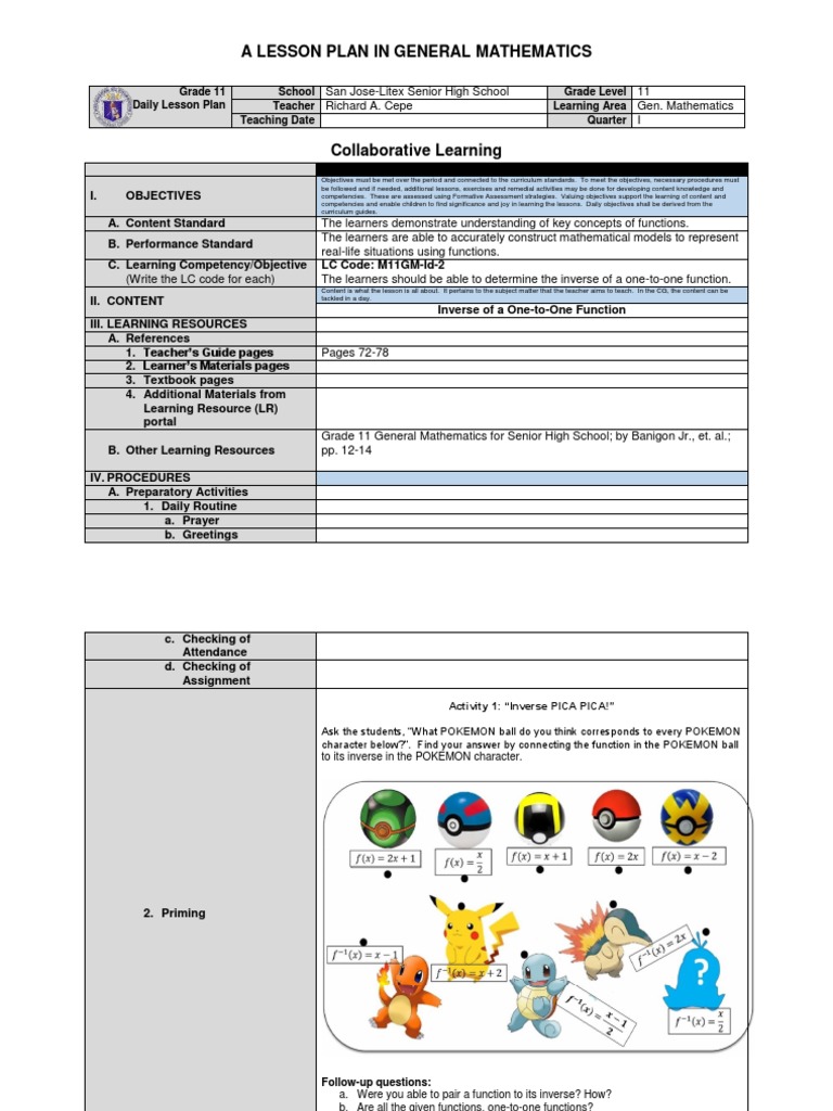 A Collaborative DLP On Inverse Function Final | PDF | Lesson Plan ...