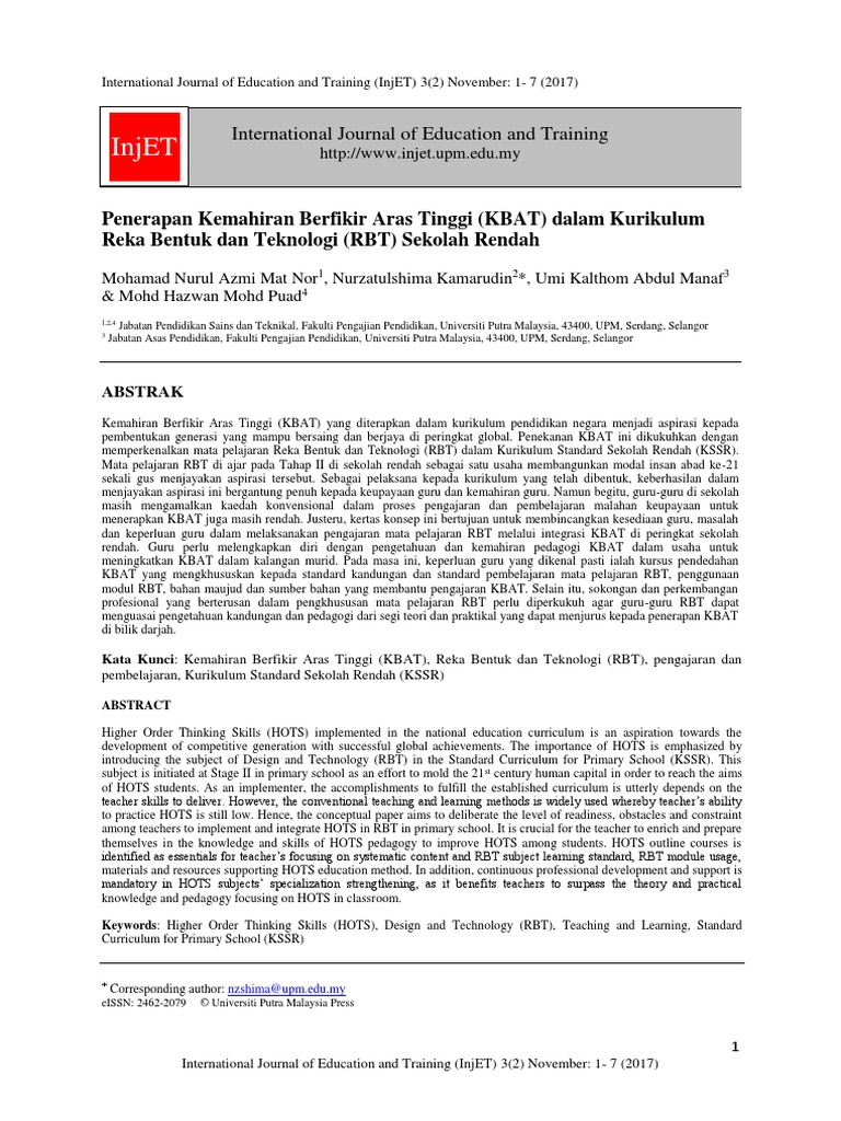 Penerapan Kemahiran Berfikir Aras Tinggi (KBAT) Dalam Kurikulum Reka ...
