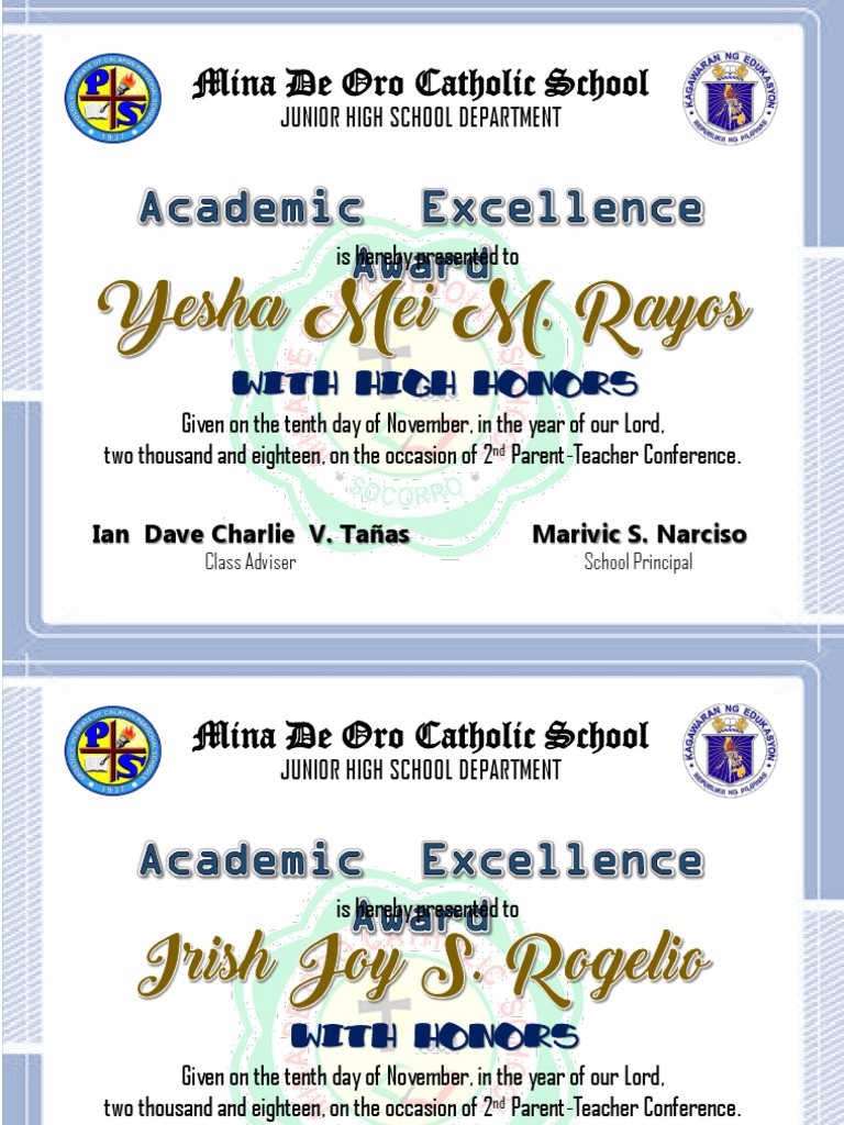 Certificate For Academic Excellence FINAL Raphael | PDF