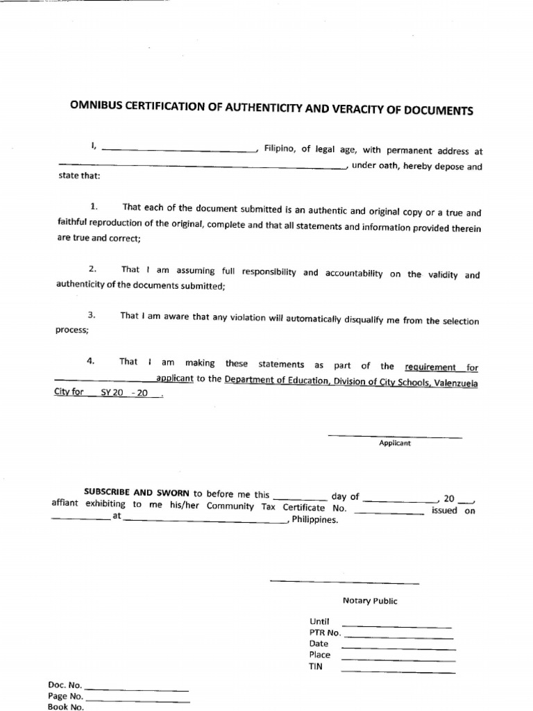 Omnibus Certification of Authenticity and Veracity of Documents | PDF