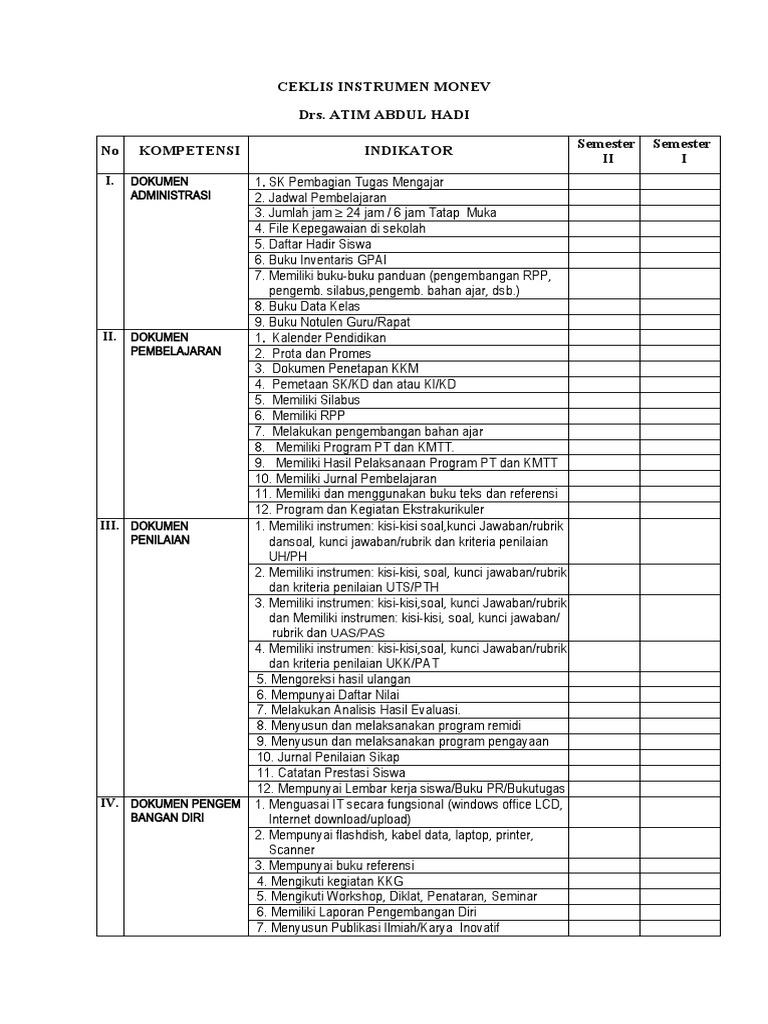 Ceklis Instrumen Monev | PDF