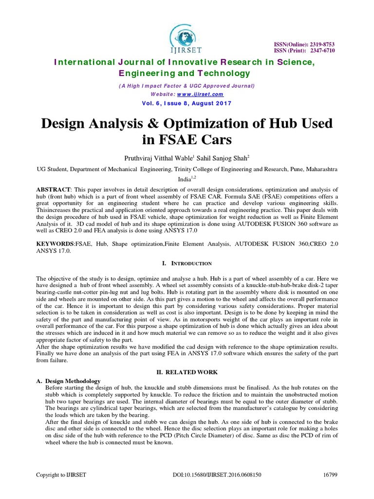 Design Analysis & Optimization of Hub Used in FSAE Cars | PDF ...