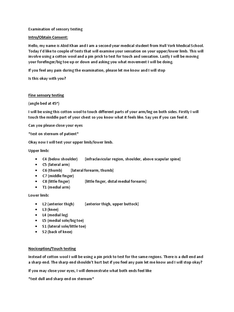 Sensory Examination Protocol for Limbs | PDF | Anatomical Terms Of ...