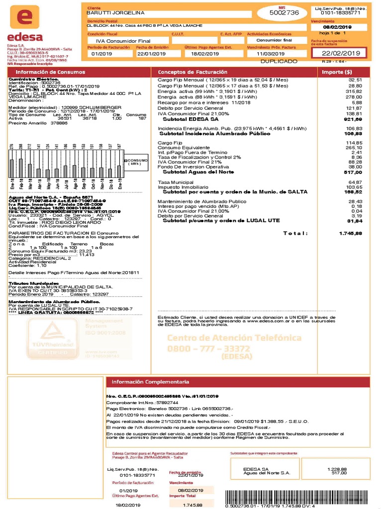 Factura Edesa 01-2019 | Servicios (economía) | Pagos