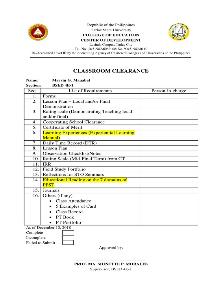 Classroom Clearance: College of Education Center of Development | PDF