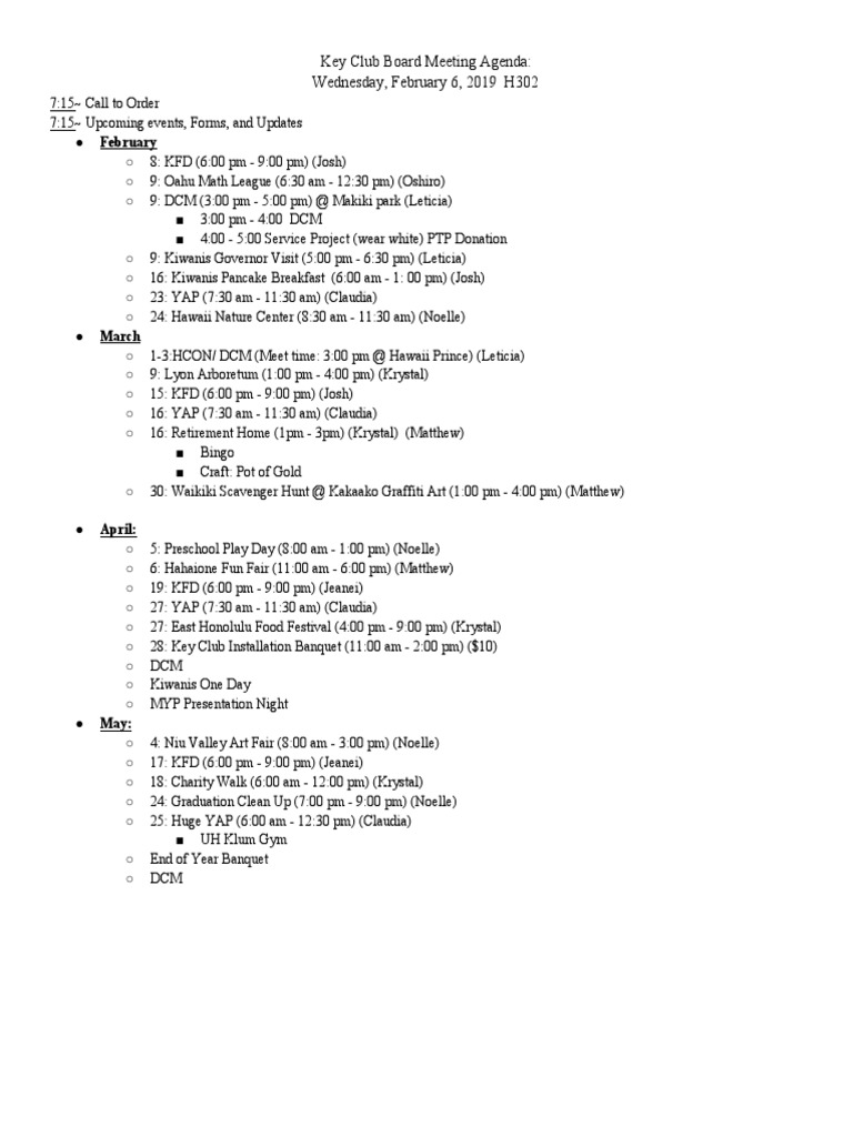 Key Club Board Meeting Agenda: Wednesday, February 6, 2019 H302 | PDF ...
