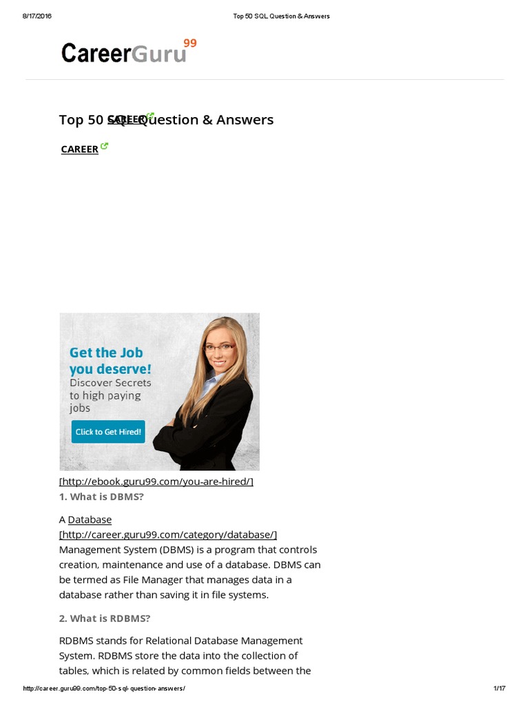 Top 50 SQL Question & Answers | PDF | Database Index | Relational Database