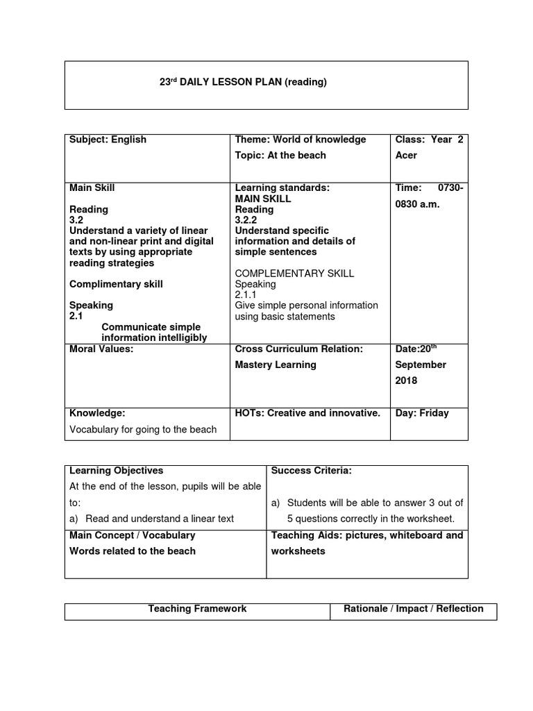 23th Lesson Plan (Reading) | PDF | Reading Comprehension | Lesson Plan
