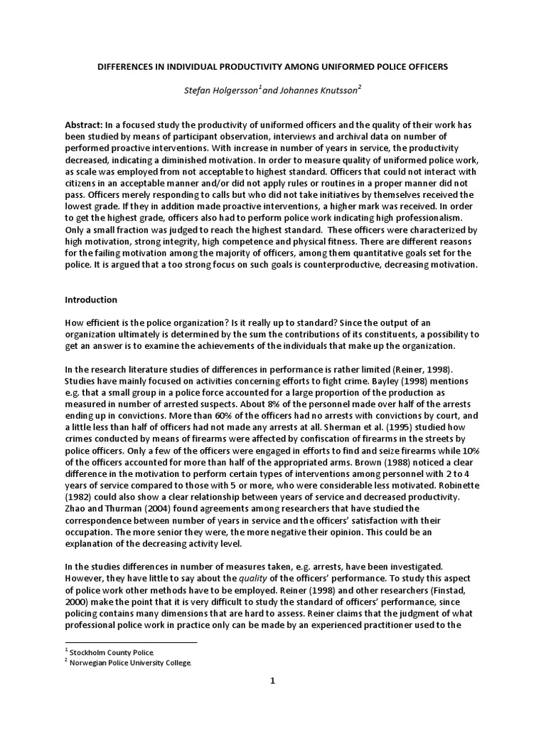 Differences in Individual Productivity Among Uniformed Police Officers ...
