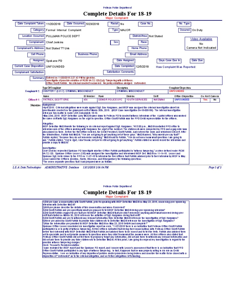 Scott Patrick Internal Affairs Report | PDF | Detective | Police