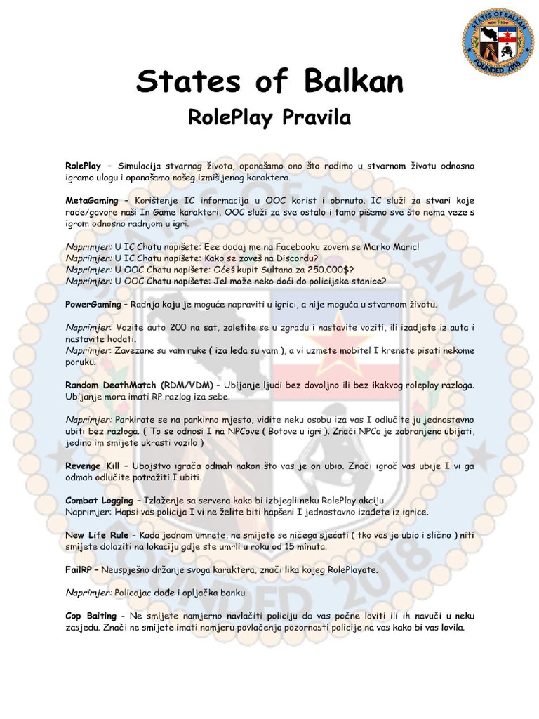 States of Balkan RolePlay Pravila | PDF